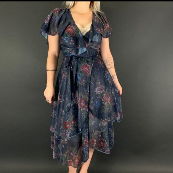 Vintage | Dresses | 7s Ingenue Of California Navy Blue Floral Wrap ...
